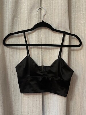 Black Satin Crop Top With Adjustable Spaghetti Straps & Back Zipper ...