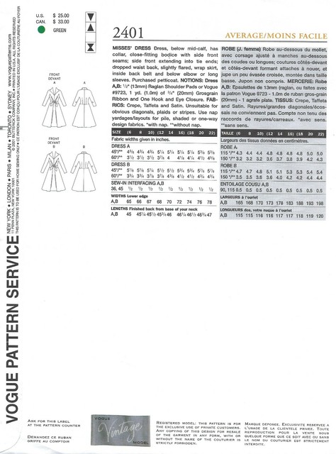 Vogue 2401 V2401 Vintage Model Original 1952 Design Misses' Dress Sz 18 ...