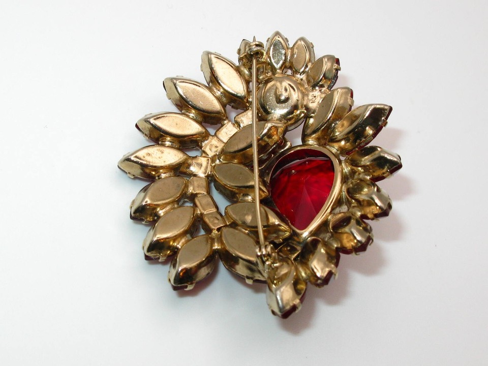 VINTAGE LARGE RED RHINESTONE BROOCH BIG TEARDROP STONE PRONG SET ...