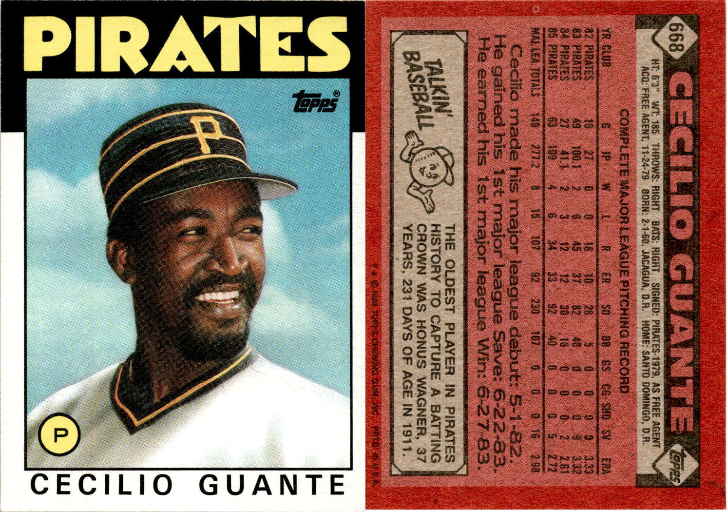 Cecilio Guante 1986 Topps Baseball Card 668 Pittsburgh Pirates | eBay