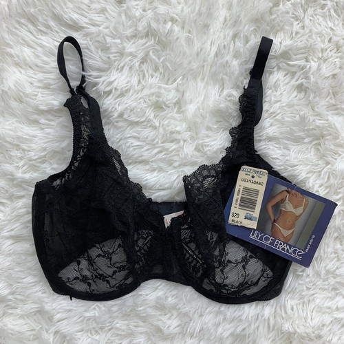 VTG Lily of France Bra 32D Black Sheer Lace Floral Underwire Lingerie ...