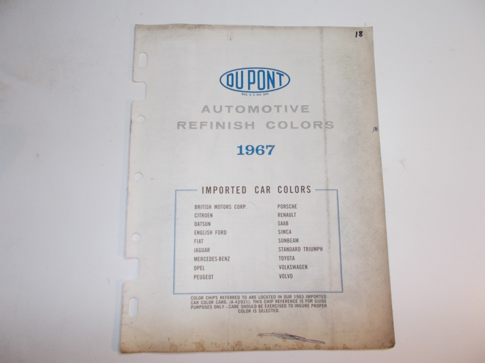 1967 IMPORTED CARS DUPONT PAINT CODES BOOKLET AUSTIN FIAT PORSCHE VOLVO ...
