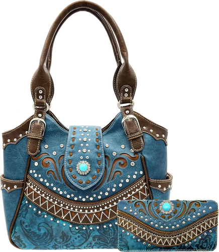 Rustic Floral Tooled Turquoise Concho Tote & Wallet Set 💖 313100641661 ...