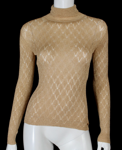 CHANEL 2023 23A Metallic Gold Sheer Pointelle Knit CC Logo Turtleneck Sweater 36 | eBay
