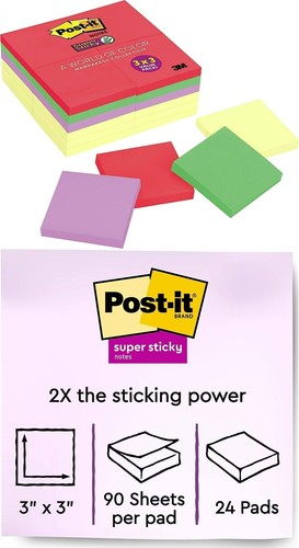 Post-it Super Sticky Notes 3x3 in 24 Pads 2x Sticking Power 2160 Sheets ...