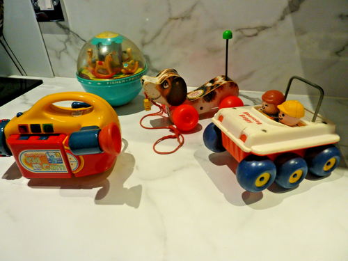 VINTAGE FISHER PRICE TOYS BUNDLE, CHIME BALL, PULL ALONG DOG, BUGGY AND ...