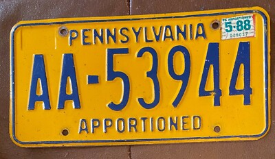 Pennsylvania 1988 APPORTIONED License Plate NICE QUALITY # AA-53944 | eBay