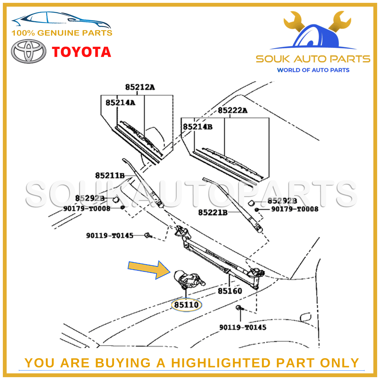 85110-0K021 Genuine Toyota MOTOR ASSY, WINDSHIELD WIPER 851100K021 OEM ...