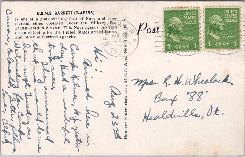Vintage WWII U.S. Military Troop Ship Postcard "USNS BARRETT (T-AP196 ...