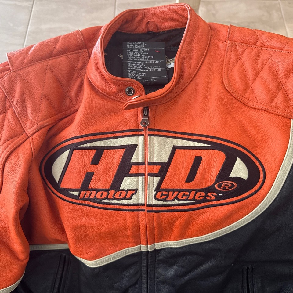 XL - Harley Davidson Speed Leather Jacket Men's Orange Racing Black | eBay