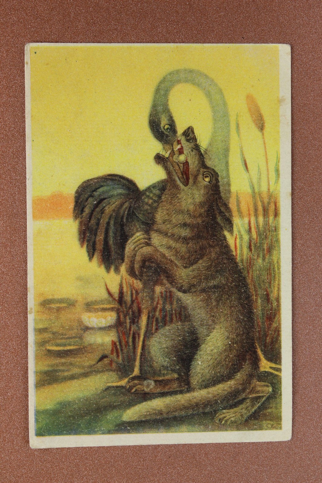 WOLF and CRANE Cunning Krylov fable RARE Russian postcard USSR KOIZ ...