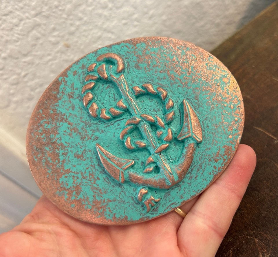 Antique Turquoise Brass Anchor Belt Buckle - Patina - Oval Engraved ...