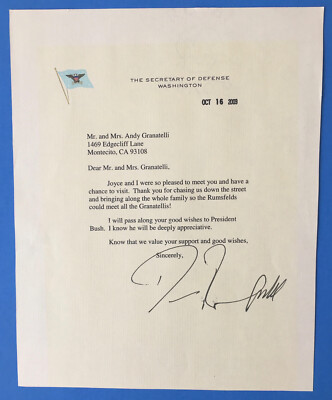 Donald Rumsfeld Signed Letter to Auto Racing Great Andy Granatelli ...
