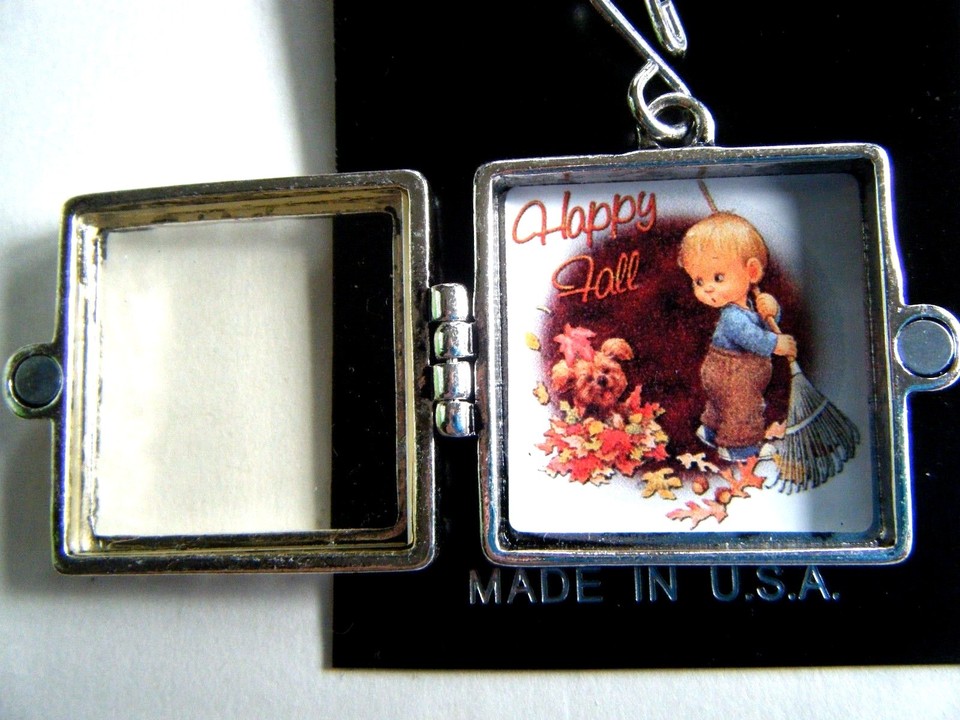 Shadow Box Pendant Locket Purse Charm Autumn Boy Dog Raking Leaves Made ...