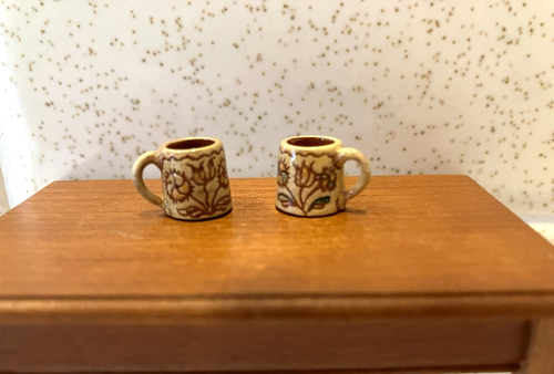 Dollhouse Miniature JANE GRABER Pottery Redware Sgraffito 2 Mugs 2012 1 ...
