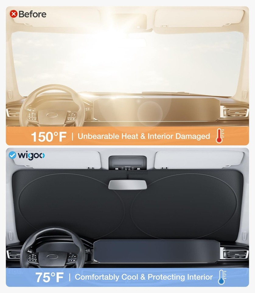 Wigoo 2025 Upgrade Car Windshield Sun Shade [100% Light Block, 4th-Gen ...
