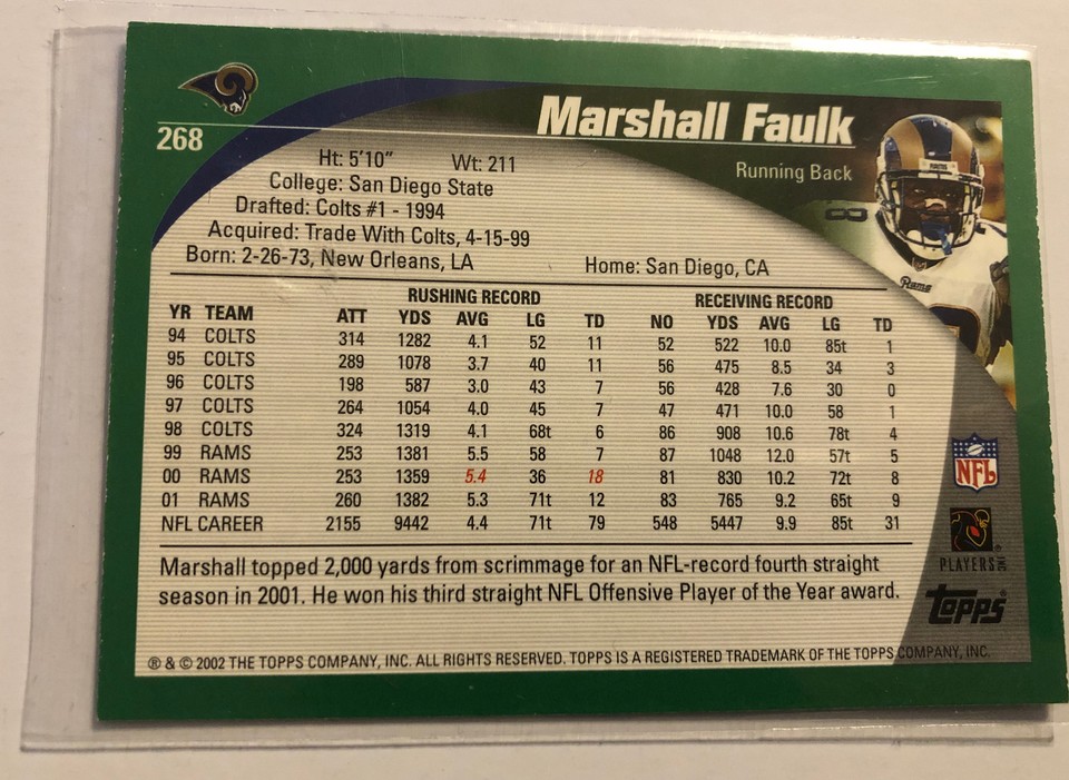 Marshall Faulk St. Louis Rams 2002 Topps #268 NFL Football Card | eBay