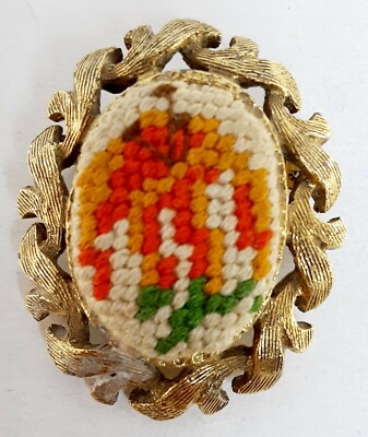 Vintage Gold Tone Needlepoint Floral Tapestry Brooch Pin | eBay