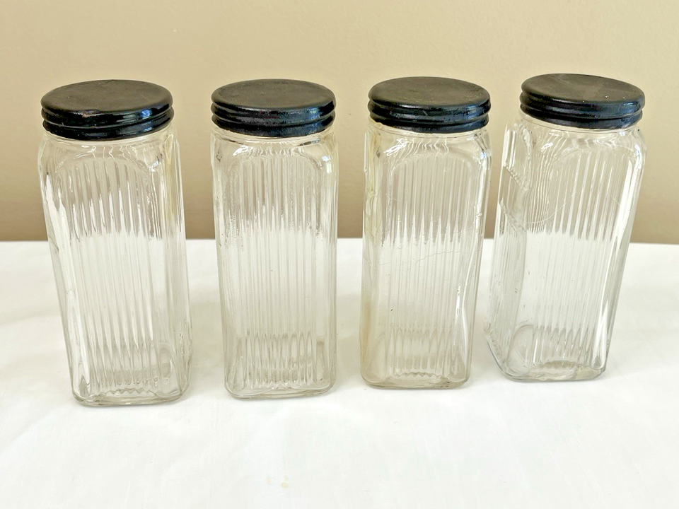 Lot 4 Vintage Hoosier Cabinet Rectangular Ribbed 5" Glass Spice Jars ...