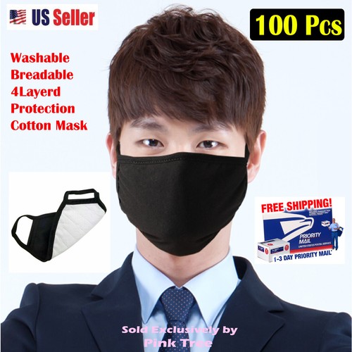 100 Pack 】 Black Fabric Face Mask-Washable,Breathable,Reusable 4-Layer ...