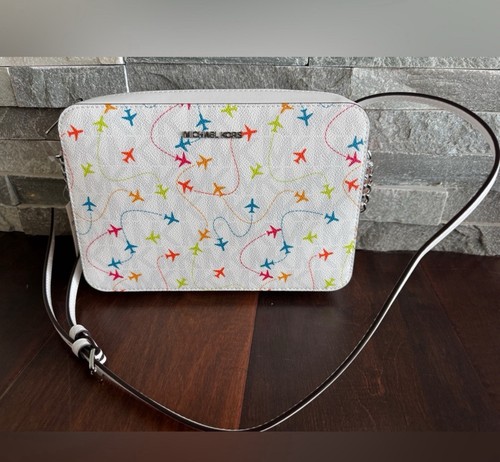Michael Kors Jet Set WHITE Multi Airplane Print East West Crossbody Bag ...