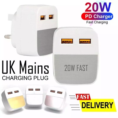 UK 3 Pin Mains Wall Plug for Phone Power Adapter 2.1A Fast 2-USB Port ...