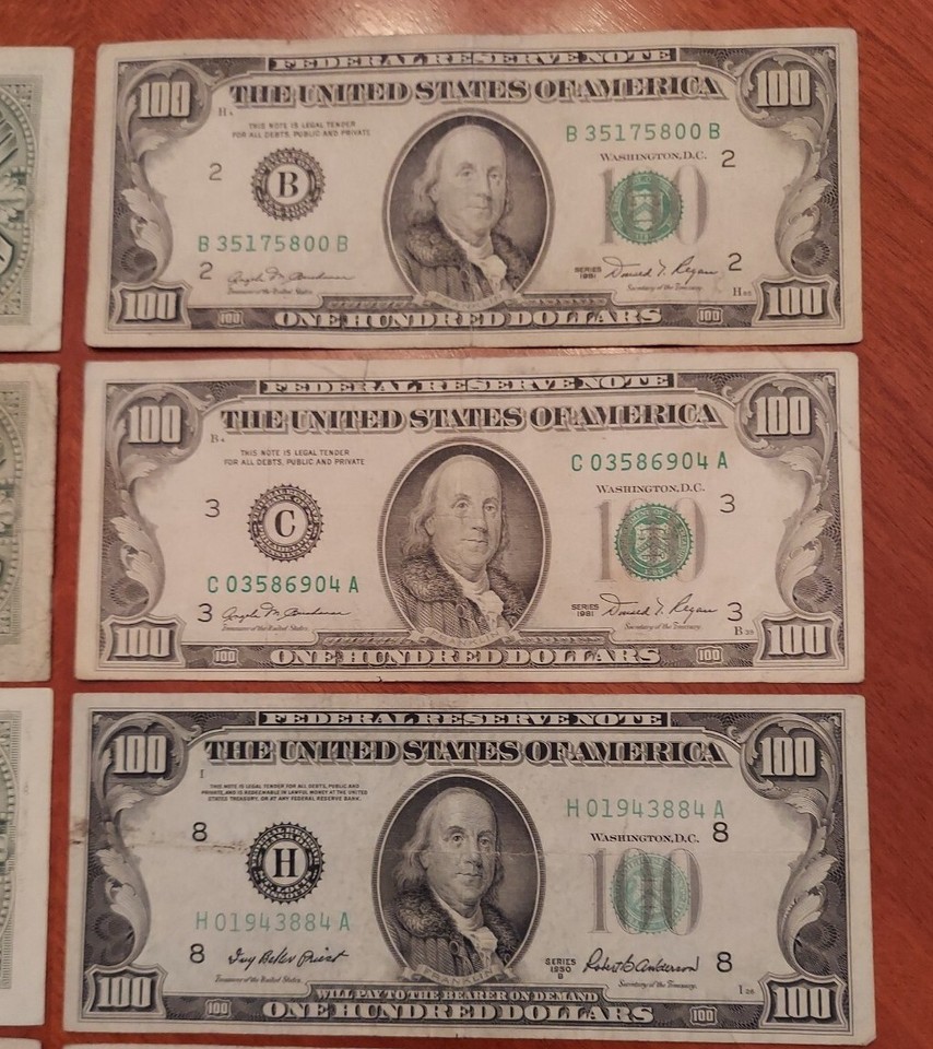 Lot x 10 1950 1977 1981 1990 $100 HUNDRED DOLLAR BILL FEDERAL RESERVE ...