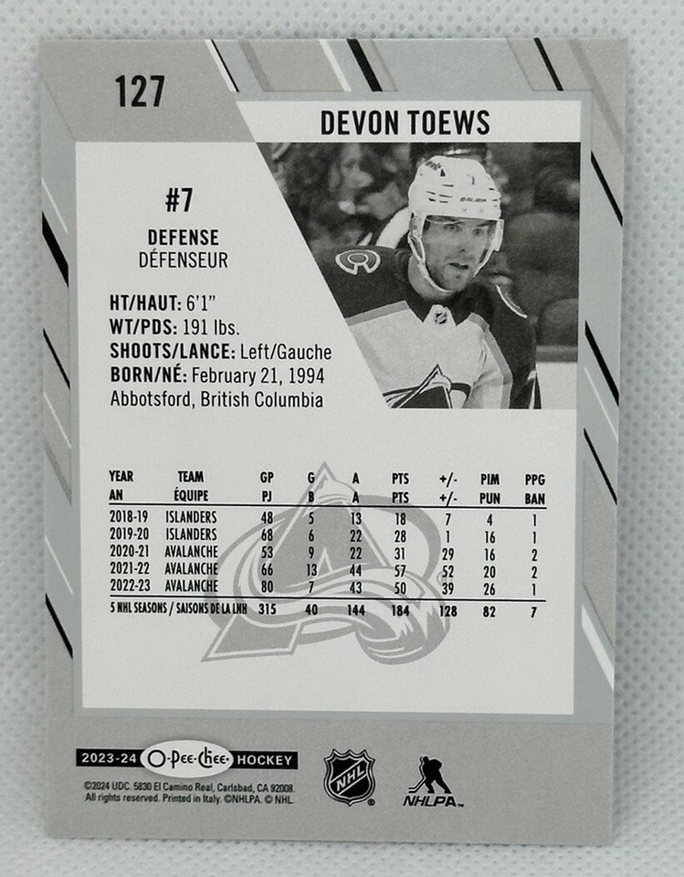 Devon Toews 2023-24 O-Pee-Chee #127 Colorado Avalanche | eBay