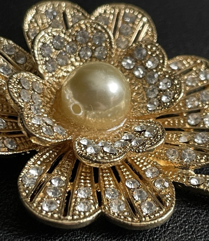 Floral Rhinestone Brooch Gold Tone Faux Pearl Layered Pin New | eBay