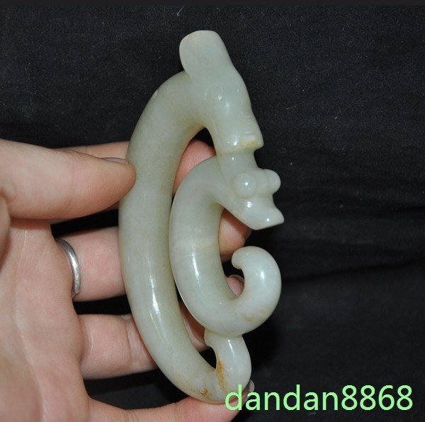 3"China Ancient Dynasties Heitan jade Carved fengshui Dragon Hook ...