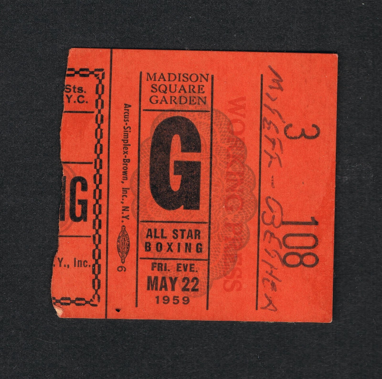 1959 MSG boxing ticket Wayne Bethea Alex Miteff Jenkins Taylor DeCola ...