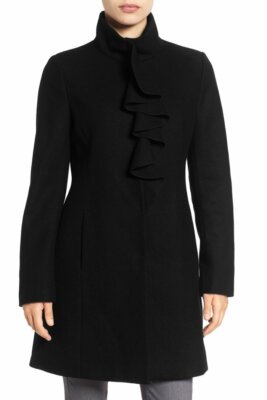 $380 T Tahari Black Wool Blend Ruffle Front Stand Collar Kate Coat 0X ...