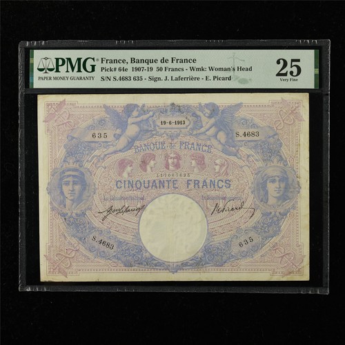 1907-19 France Banque De France 50 Francs Pick#64e PMG 25 Very Fine ...