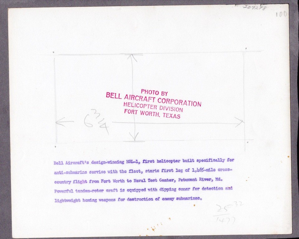 BELL HSL-1 HELICOPTER LARGE VINTAGE ORIGINAL MANUFACTURERS PHOTO US ...