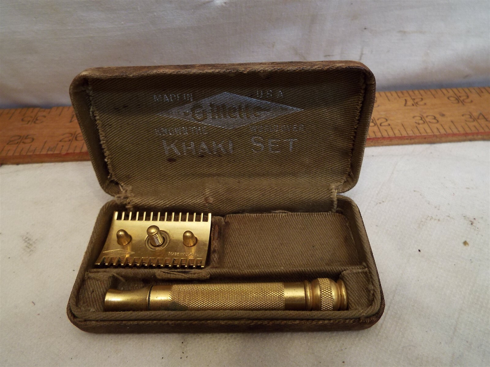 Vintage WWI Era Gillette Gold Tone Khaki Razor 3 Piece in Box Safety ...