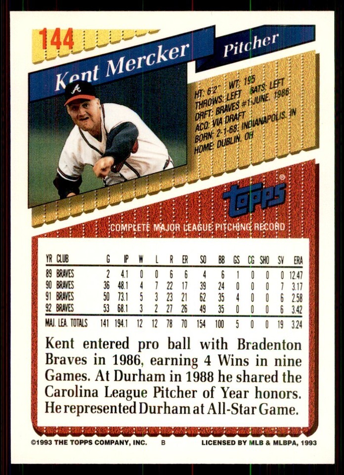 1993 Topps Kent Mercker Baseball Cards #144 | eBay