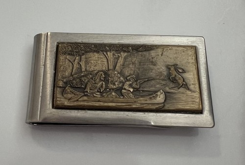 Vintage Silver Tone Brass Money Clip Canoe Hunting Scene Elk Moose Two ...