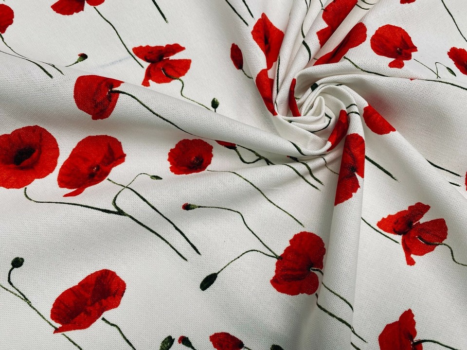 Red Poppy Flowers Fabric Linen Look Home Decor Poppies Field Curtain ...