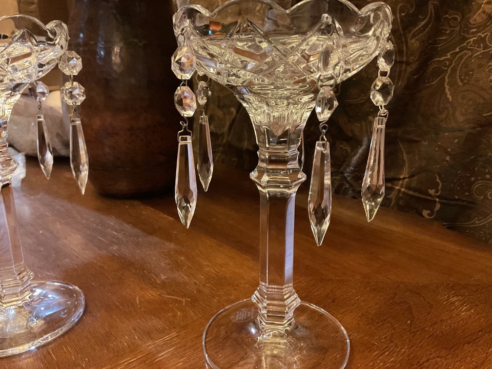 Pair of vintage Glass Candelabra w crystal Prisms 8” ht floral / drip ...