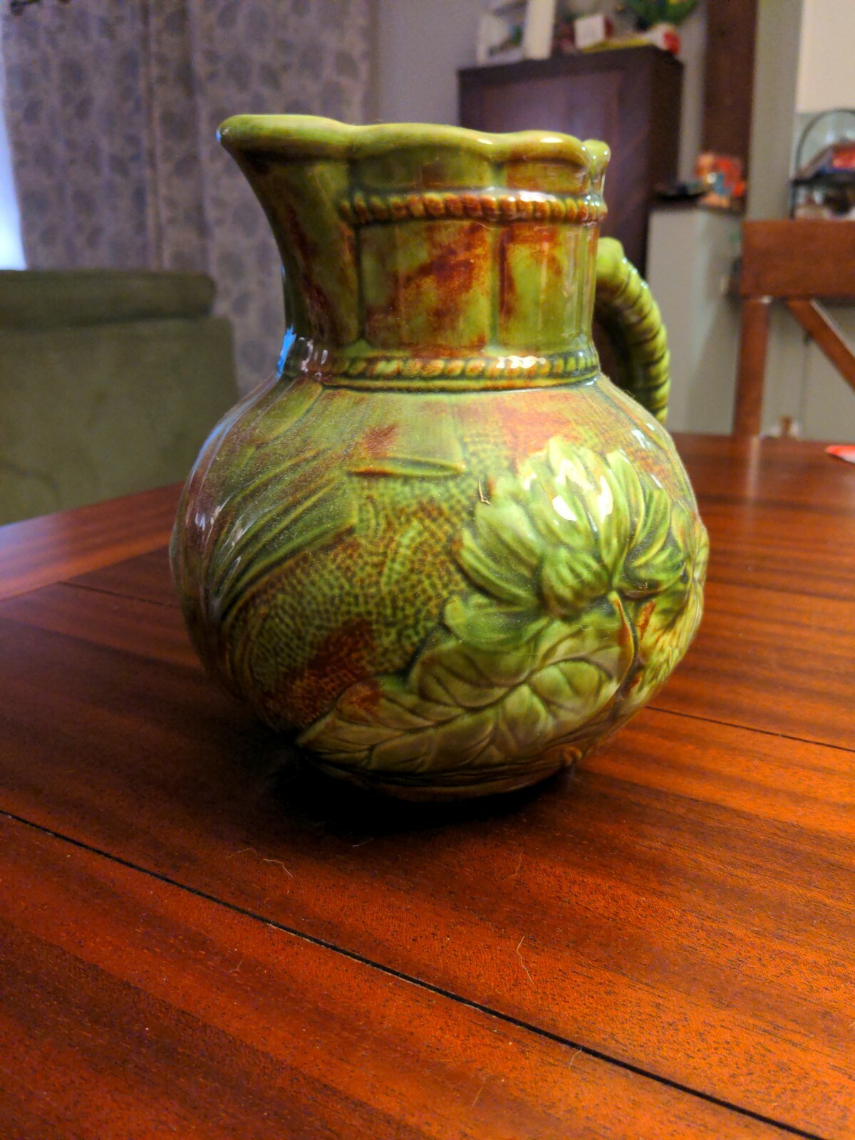 Vintage 8" Green & Brown Ceramic Pitcher Embossed Floral Anthropology ...
