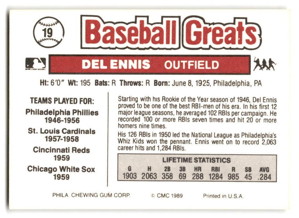 Del Ennis 1989 Swell Baseball Greats Baseball #19 Philadelphia Phillies ...