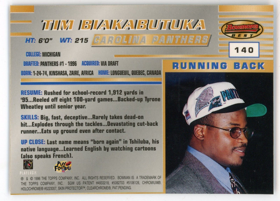 1996 Bowman's Best Tim Biakabutuka Card #140 Rookie RC | eBay