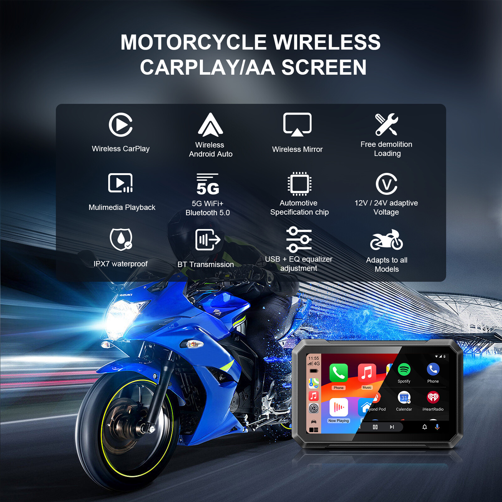 New 7 inch IP65 Motorcycle Android Auto Universal Wireless Carplay GPS ...