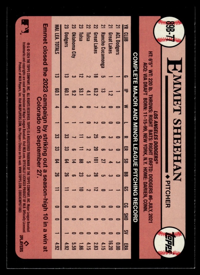 2024 Topps 35th Anniversary #89B-77 Emmet Sheehan Rookie Los Angeles ...