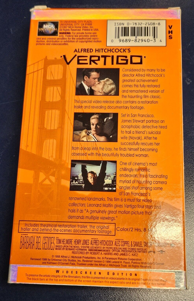 Vertigo (VHS, 1997, Restored, remastered, widescreen version) 96898294034| eBay