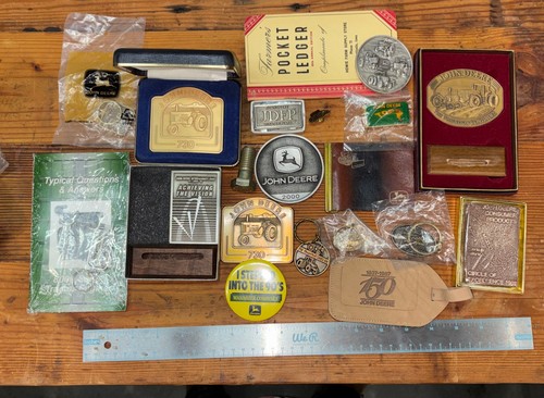 Lot of 20 Vintage John Deere Memorabilia. Buckles,medallions,pins,key ...