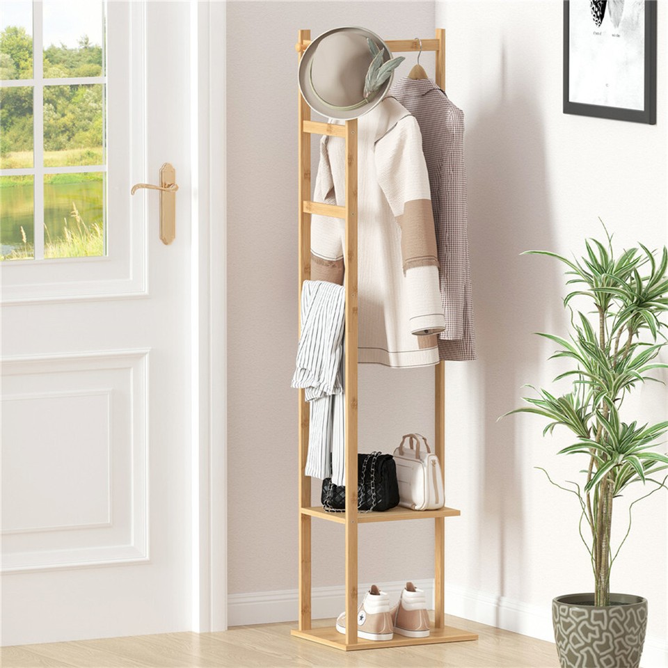Wooden Tree Clothes Stand Coat Rack Corner Rail Handbag Hat Hanger ...