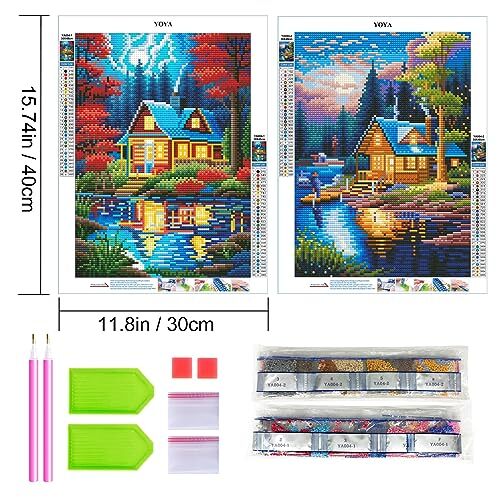 2 Pack Log Cabin Diamond Painting Kits for Adults, Lake Cabin 5D ...