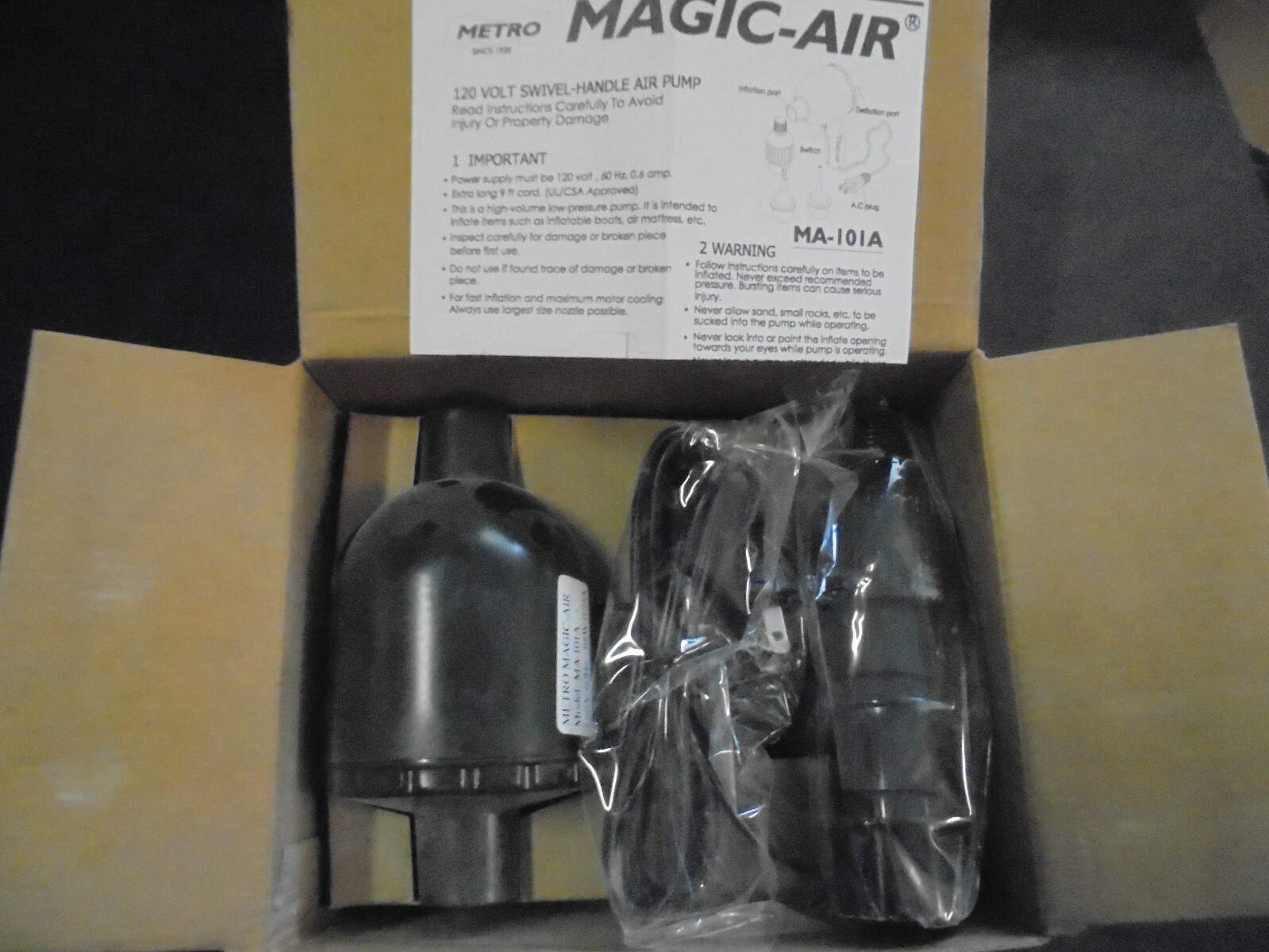 METRO MAGIC-AIR MA-101 Electric Inflator Inflatable Air Pump for Bed ...