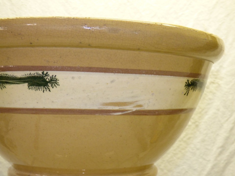 Lg Antique Yellow Ware Green Seaweed Banded Mixing Bowl Mocha Mochaware ...